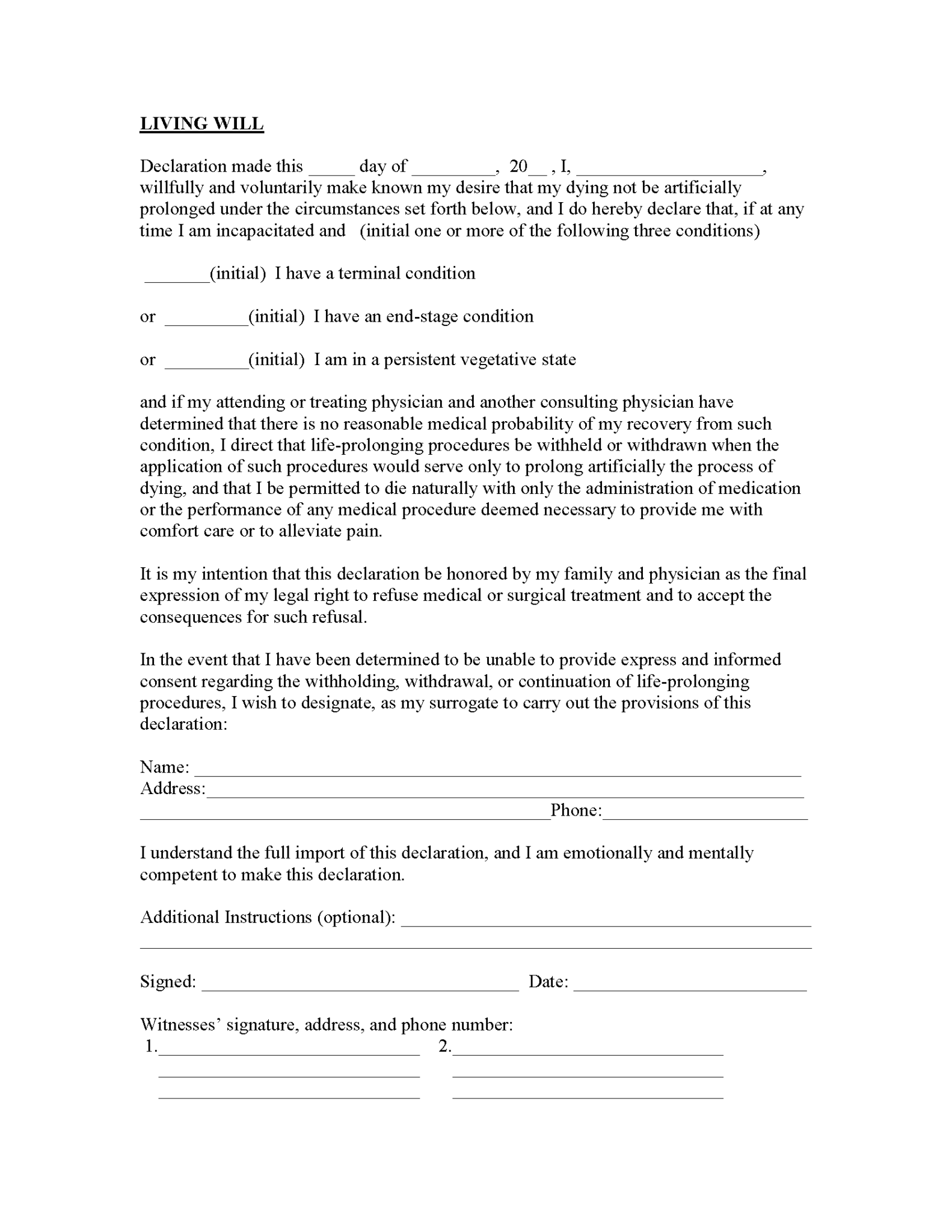 Florida Advance Directive Form