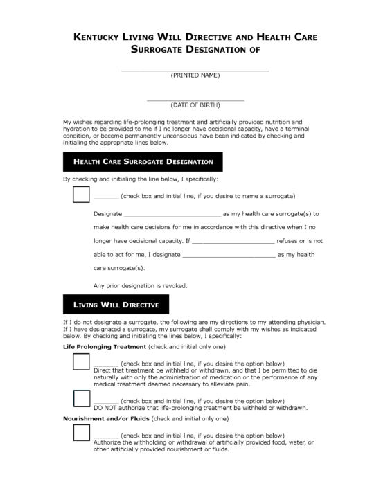 Free Kentucky Advance Directive Form Form | PDF