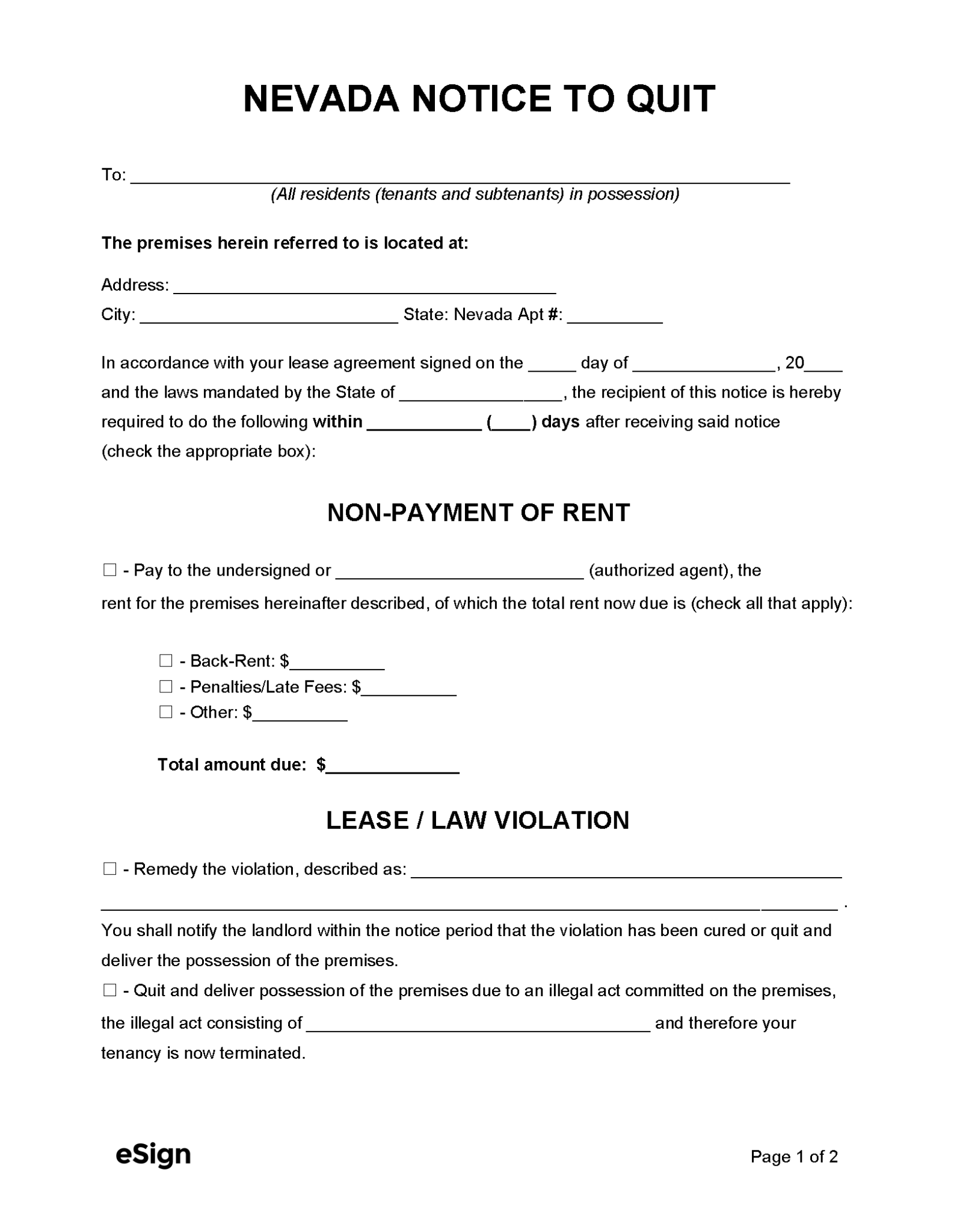 Nevada Eviction Notice Templates | Laws | PDF, WORD (2021)