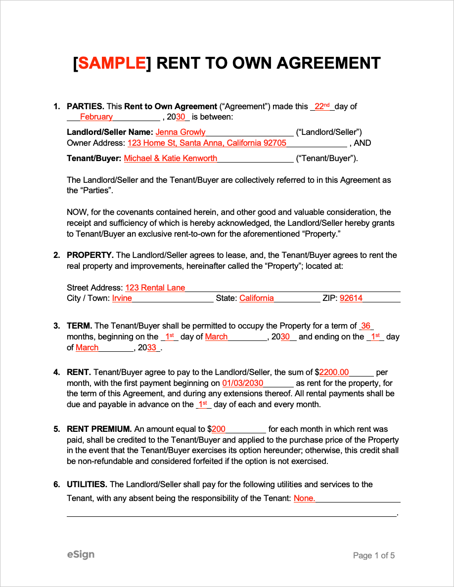 Free Rent-to-Own (Lease Option) Agreement - PDF | Word