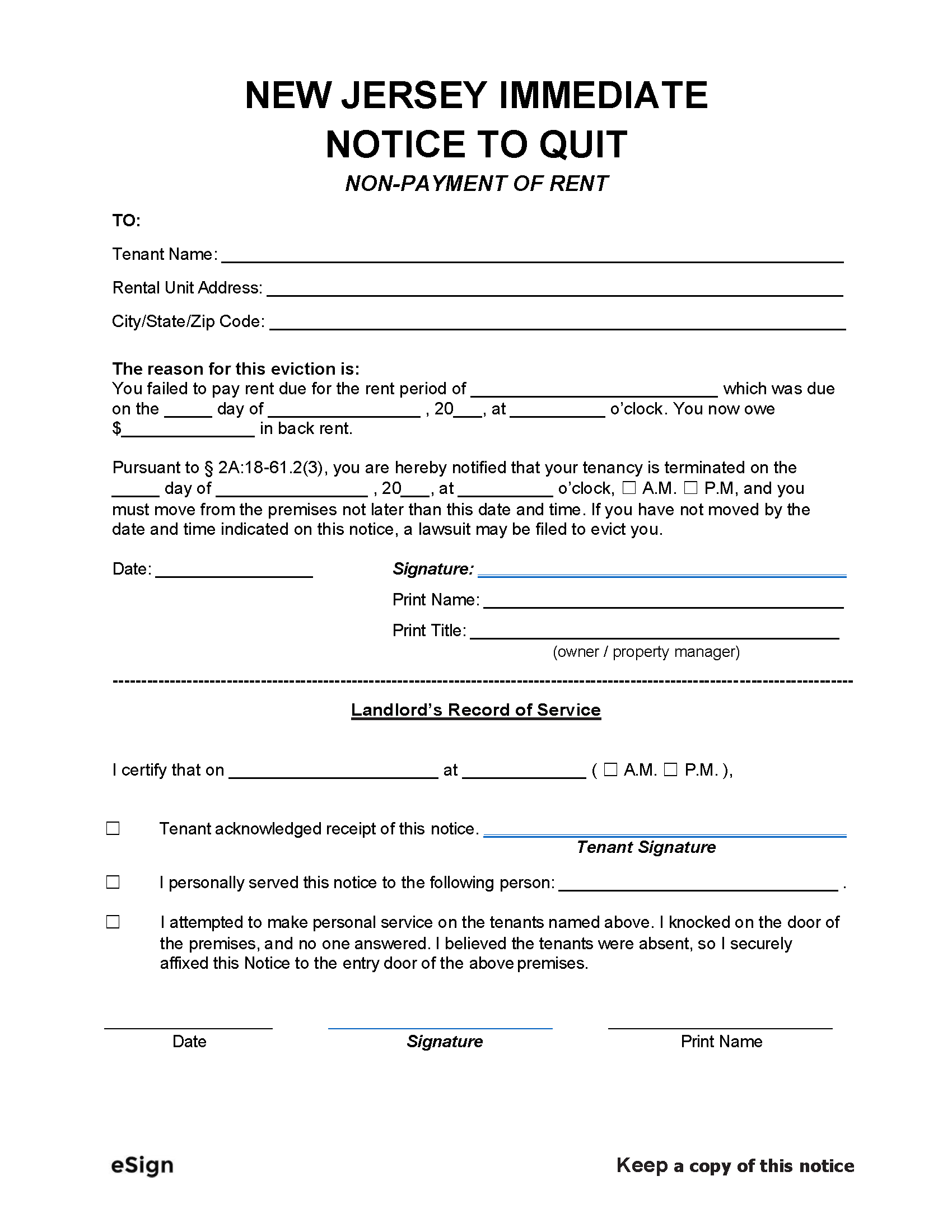 New Jersey Immediate Notice To Quit Non Payment PDF WORD 2021 
