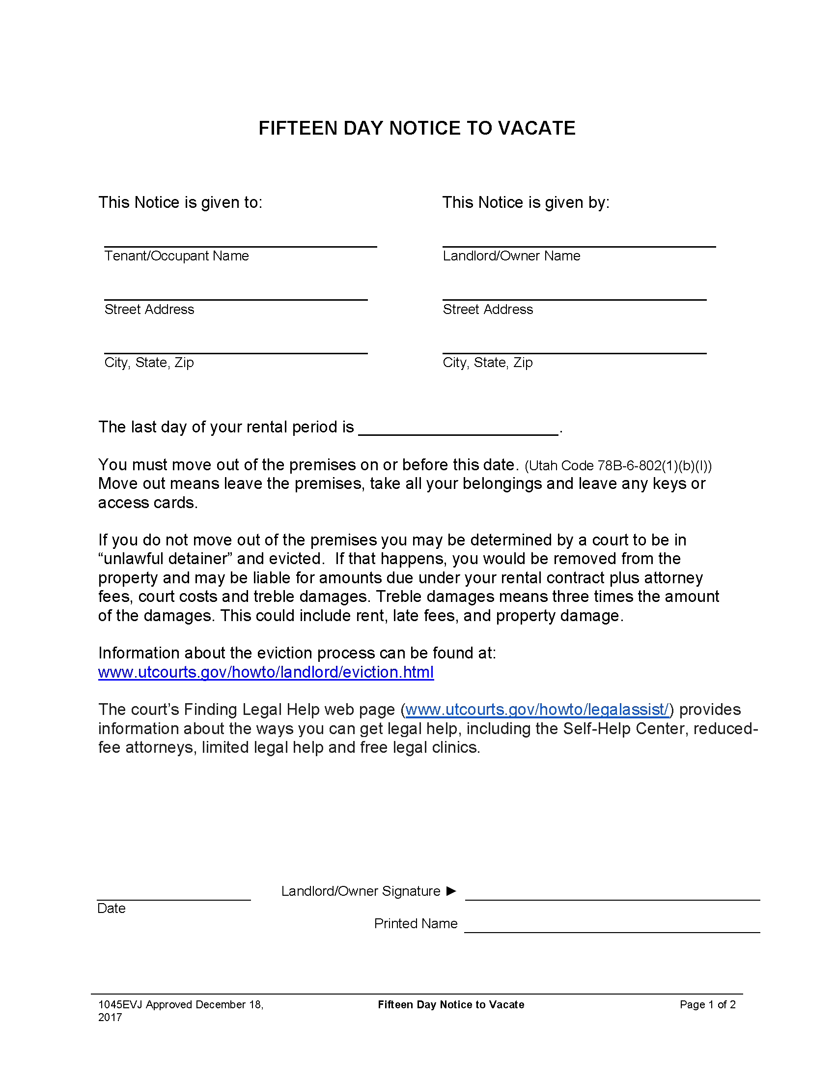 Free Utah 15 Day Notice To Vacate Lease Termination Letter PDF