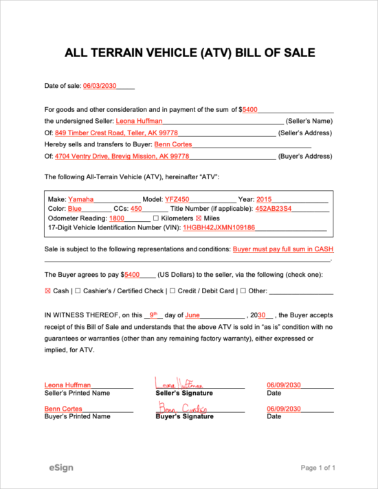 Atv Bill Of Sale Word Template