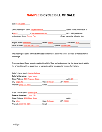 Free Bicycle / Bike Bill of Sale Form | PDF | Word