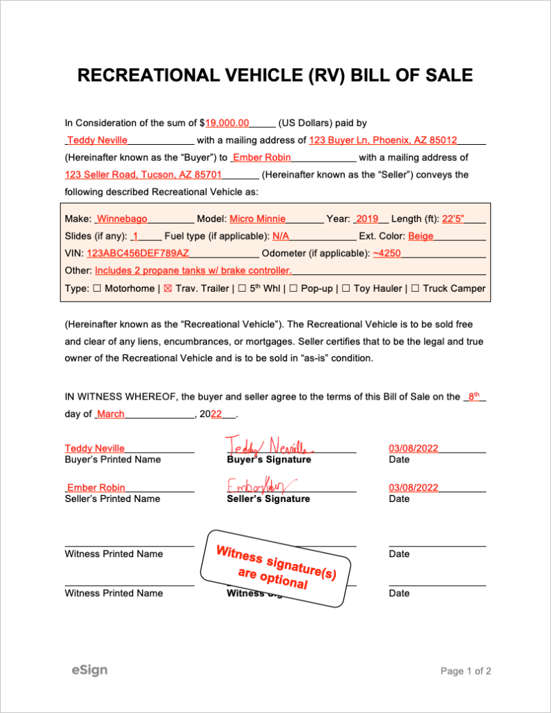 Free RV Bill Of Sale PDF Word