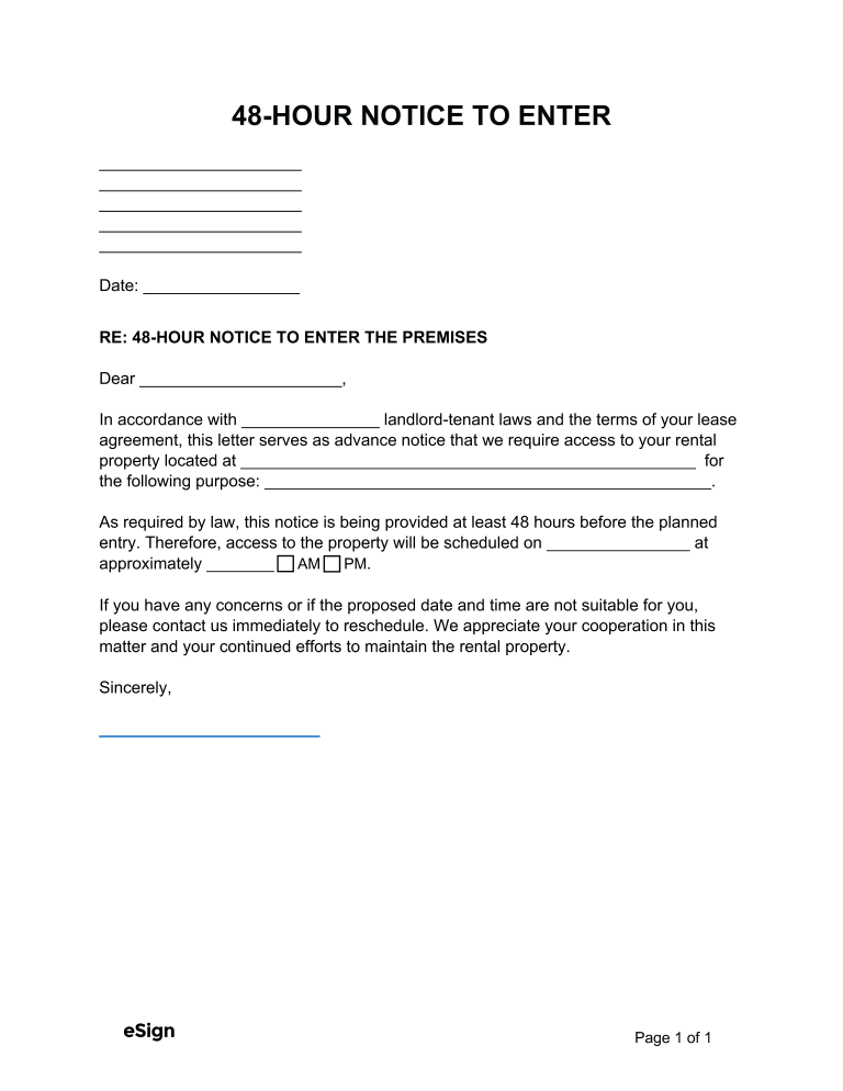 Free Landlord Notice to Enter | 48-Hour | PDF | Word