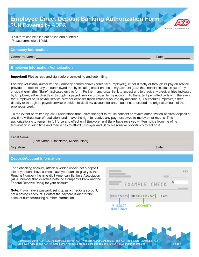 Free ADP Direct Deposit Authorization Form | PDF