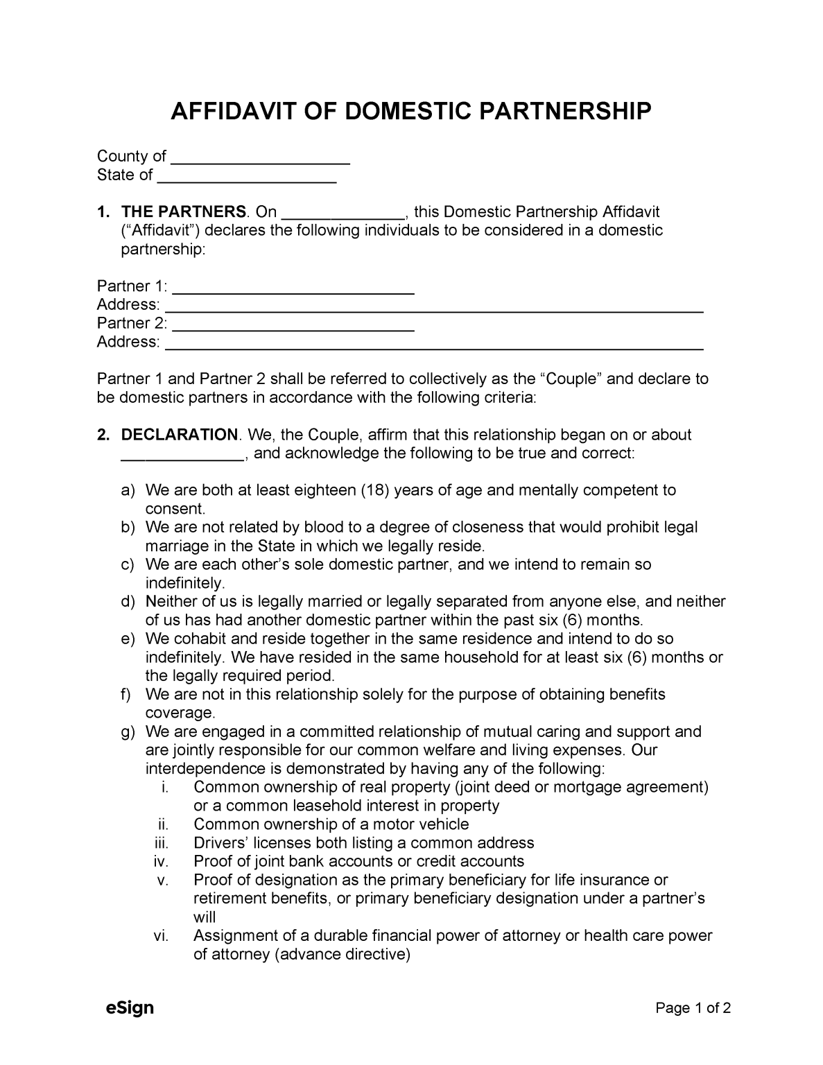 Free Affidavit of Domestic Partnership | PDF | Word