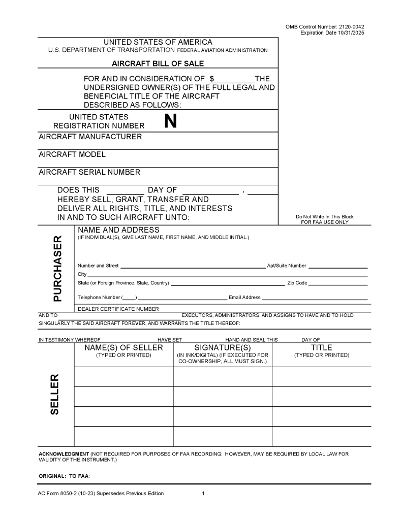 Free Aircraft / Plane Bill of Sale Form | PDF