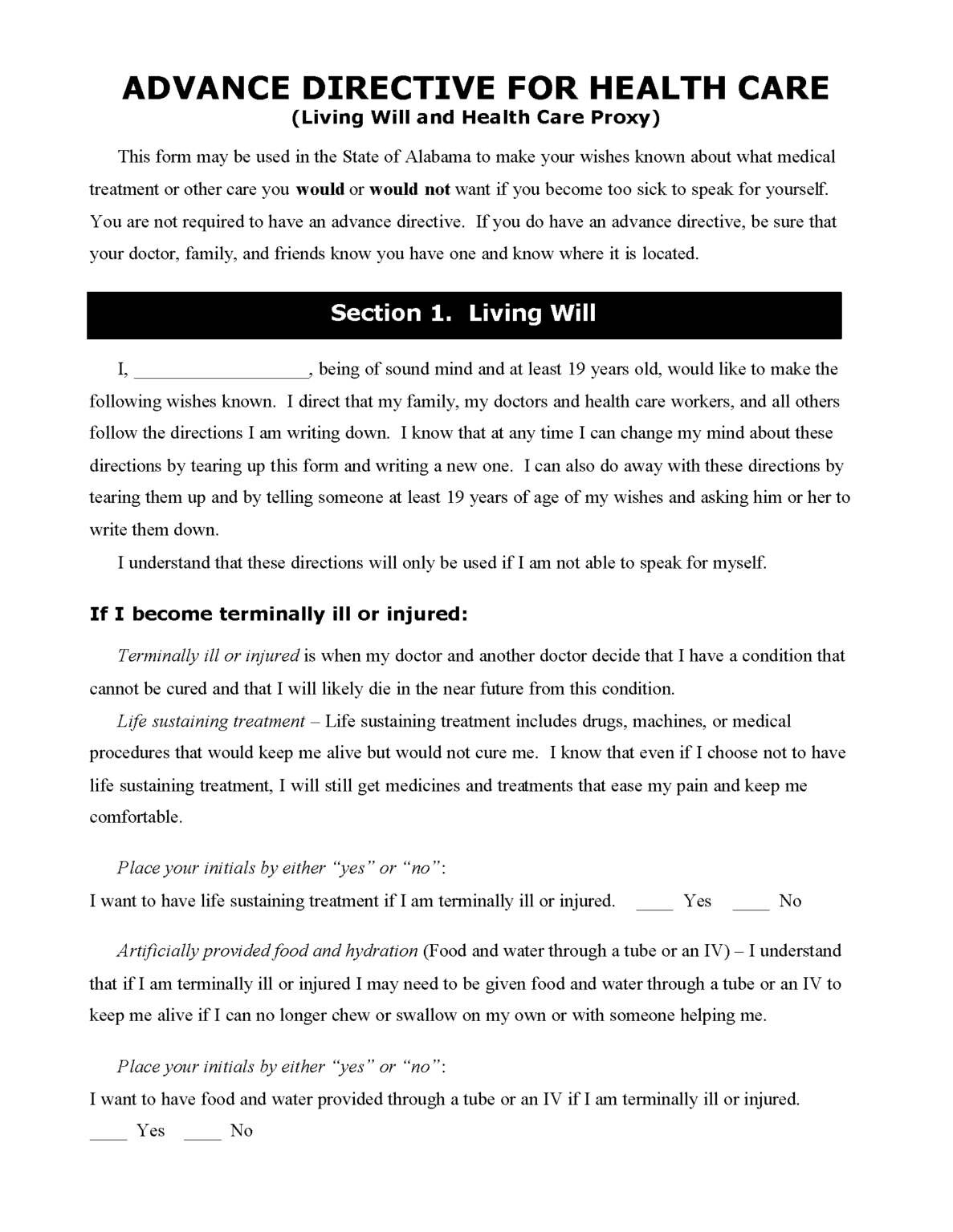 Free Alabama Do Not Resuscitate (DNR) Form | PDF