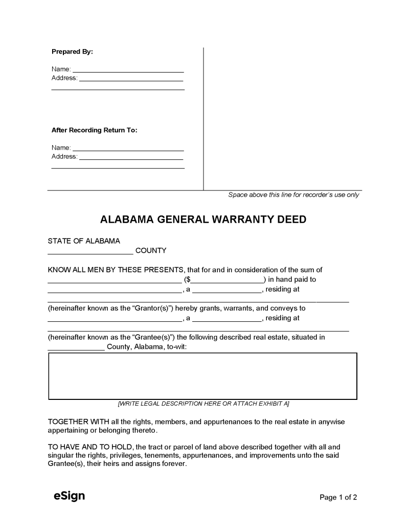 Free Alabama General Warranty Deed Form | PDF | Word