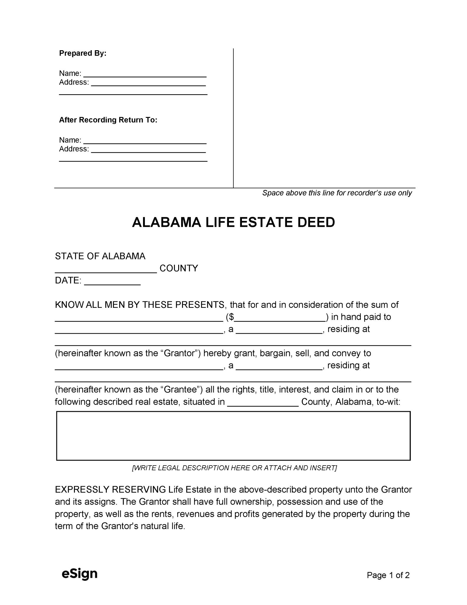 Free Alabama Life Estate Deed Form | PDF | Word