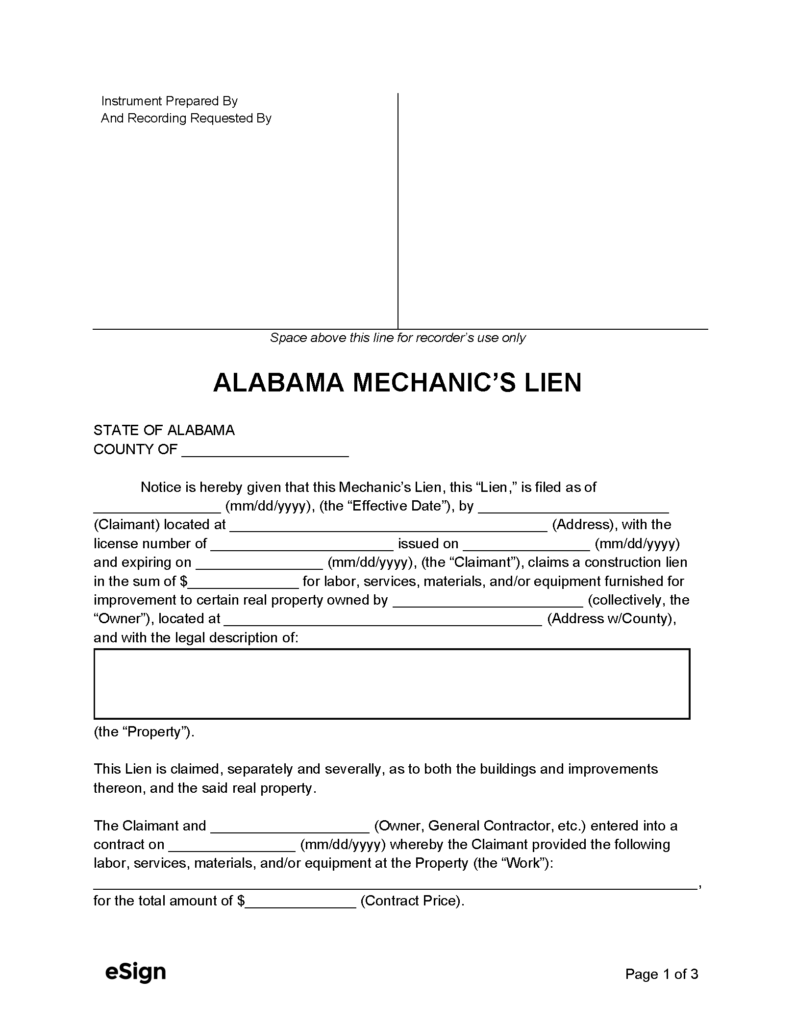 Free Alabama Mechanic's Lien Form | PDF | Word