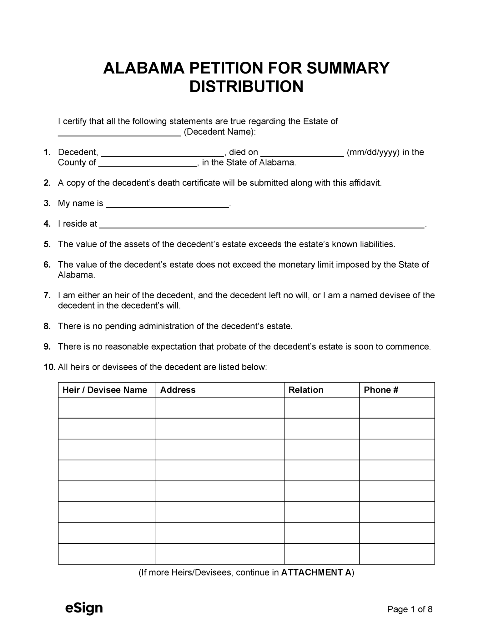Free Alabama Small Estate Affidavit Form | PDF | Word