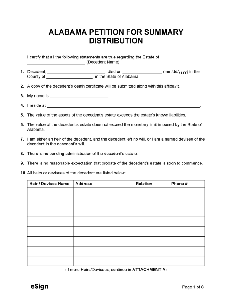 Free Alabama Small Estate Affidavit Form | PDF | Word