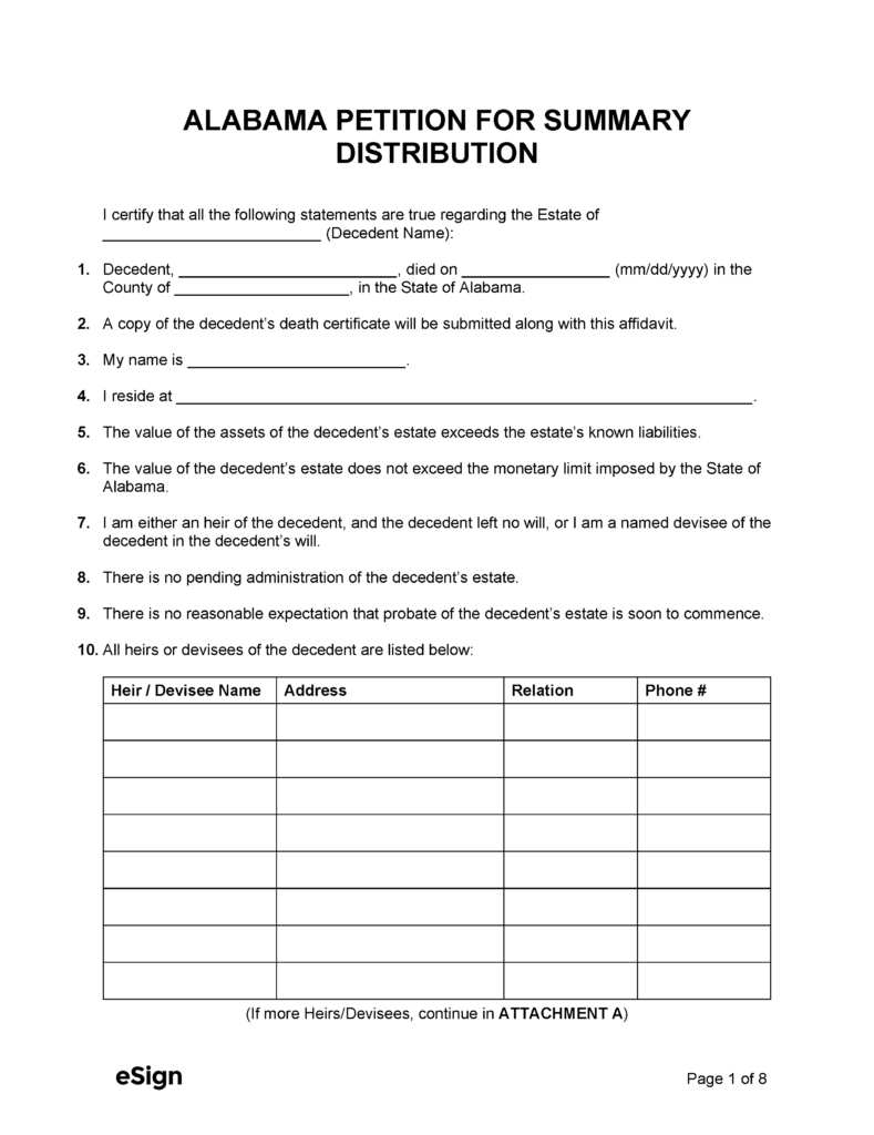 Free Alabama Small Estate Affidavit Form | PDF | Word