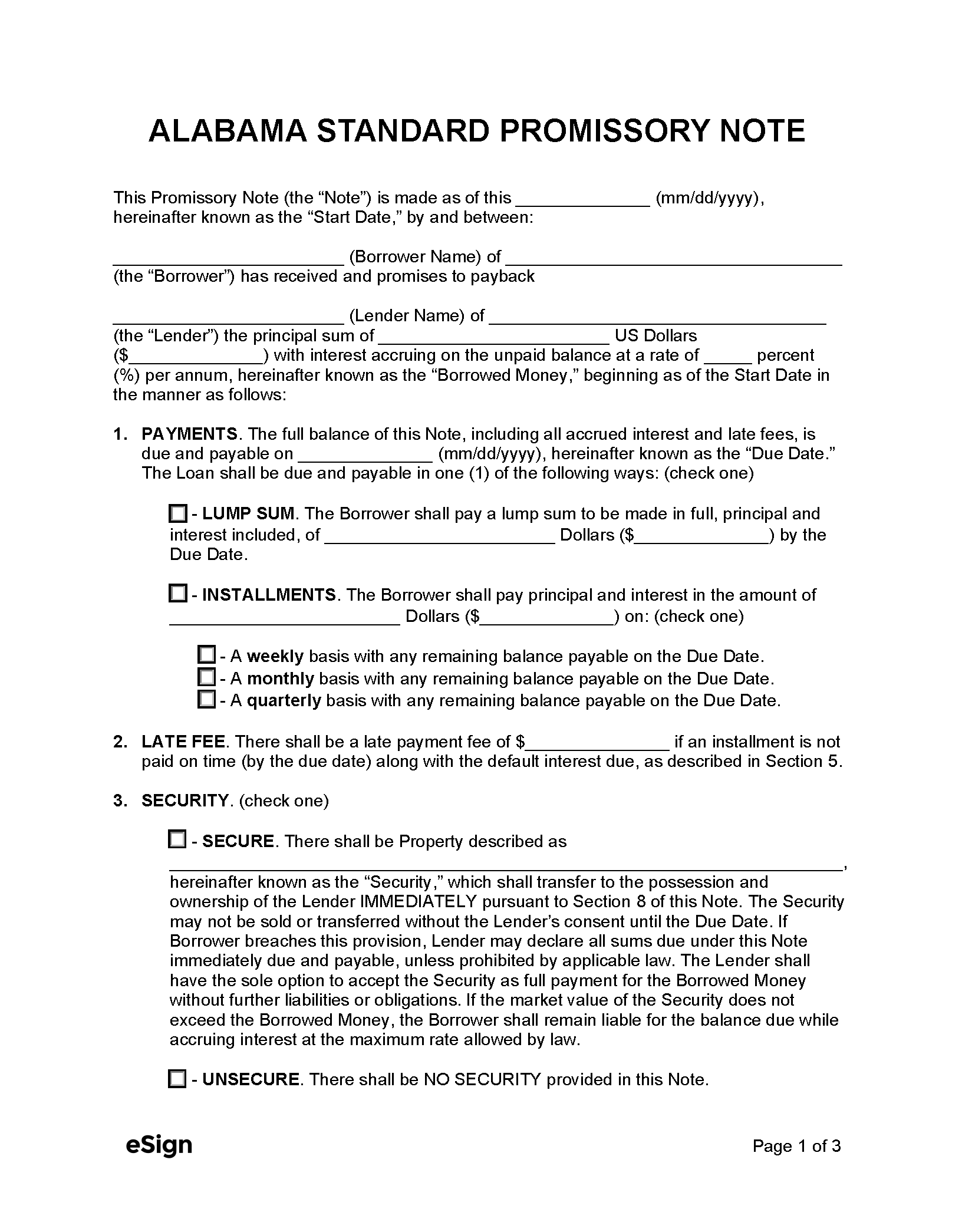 Free Alabama Promissory Note Template PDF Word