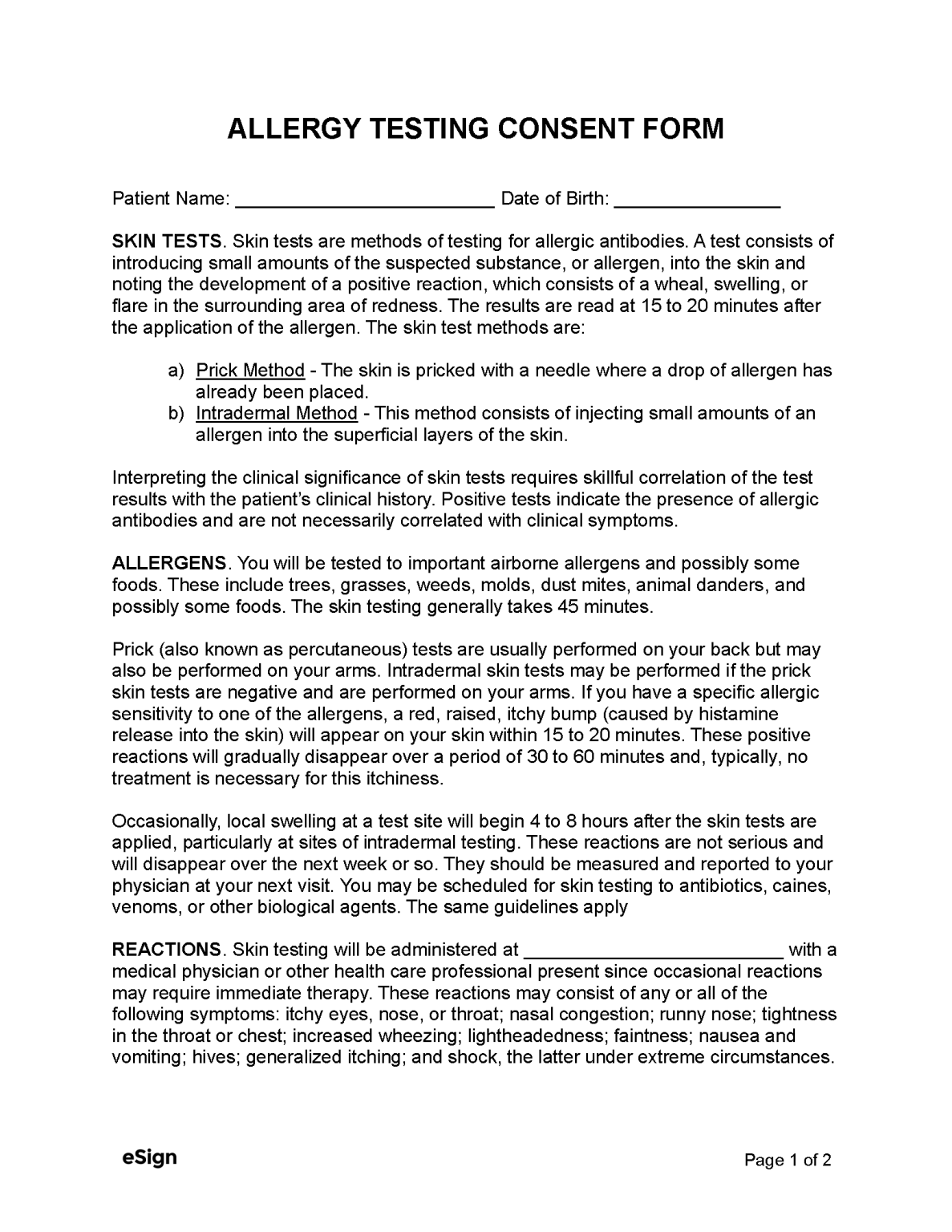 Free Allergy Testing Consent Form | PDF | Word