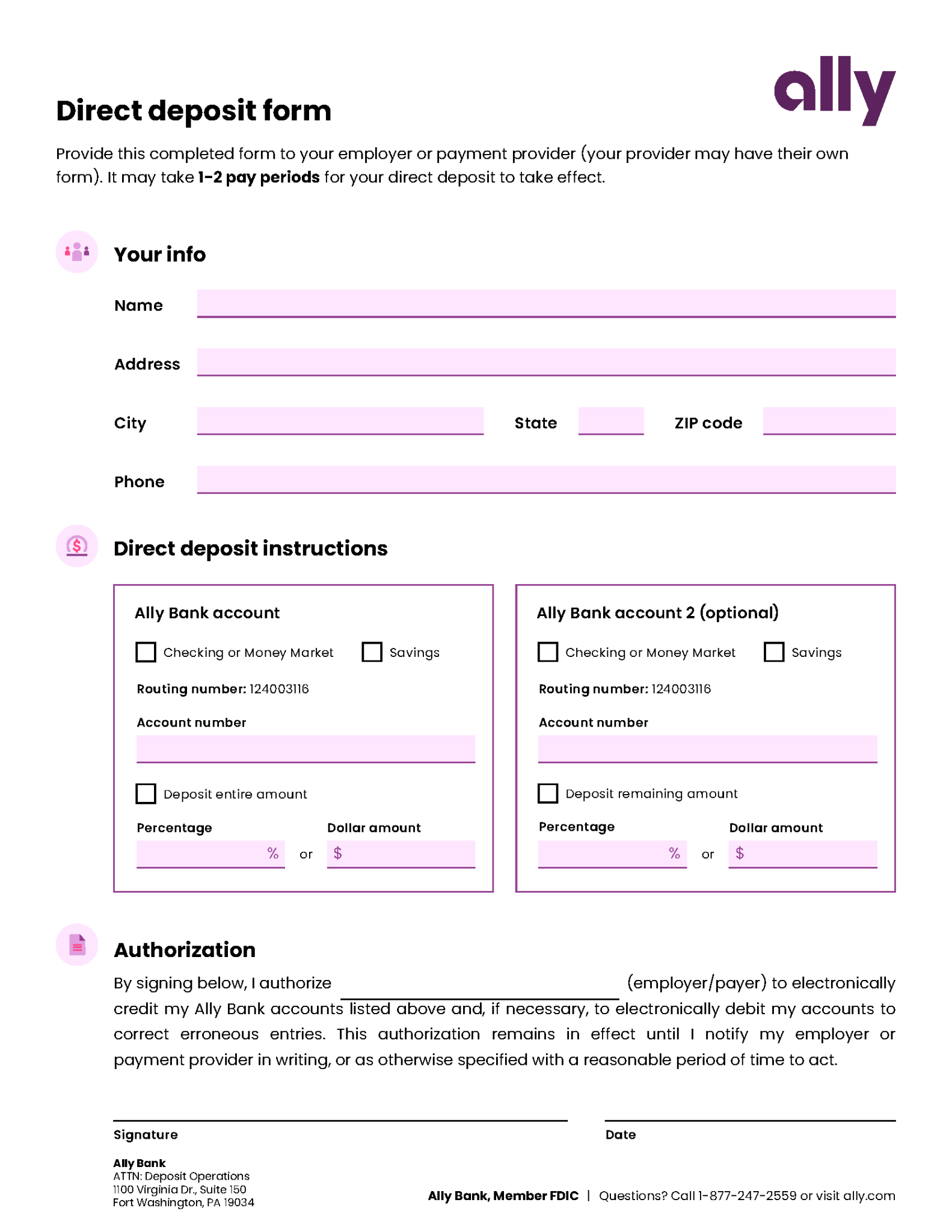 Free Ally Bank Direct Deposit Authorization Form | PDF