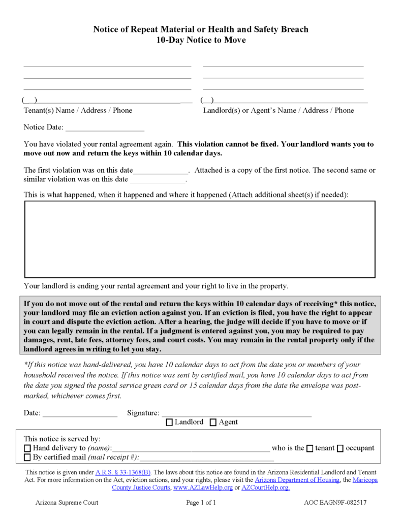 Free Arizona 10-Day Notice to Quit | Health and Safety Violation | PDF