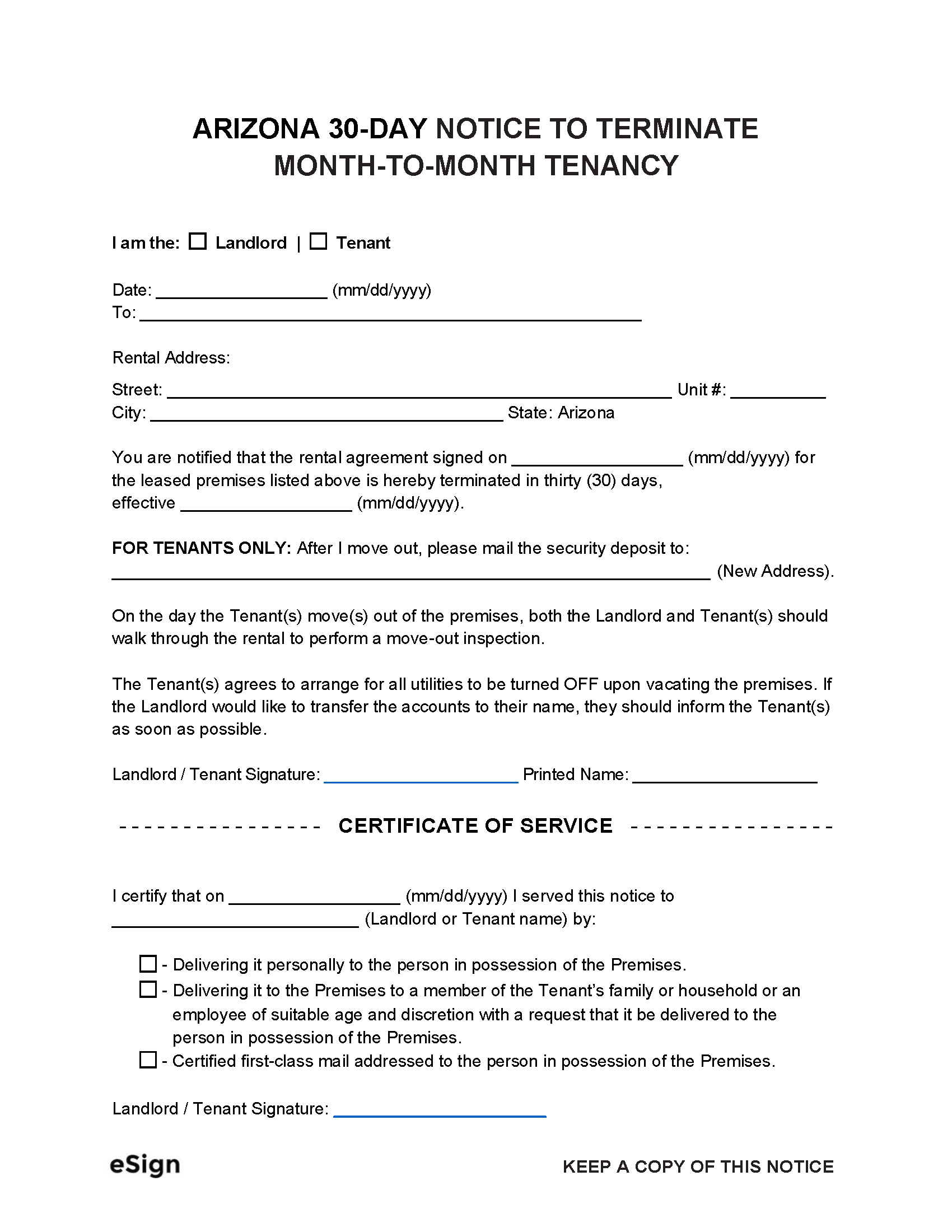 Free Arizona 30 Day Notice To Quit Lease Termination Letter PDF Word