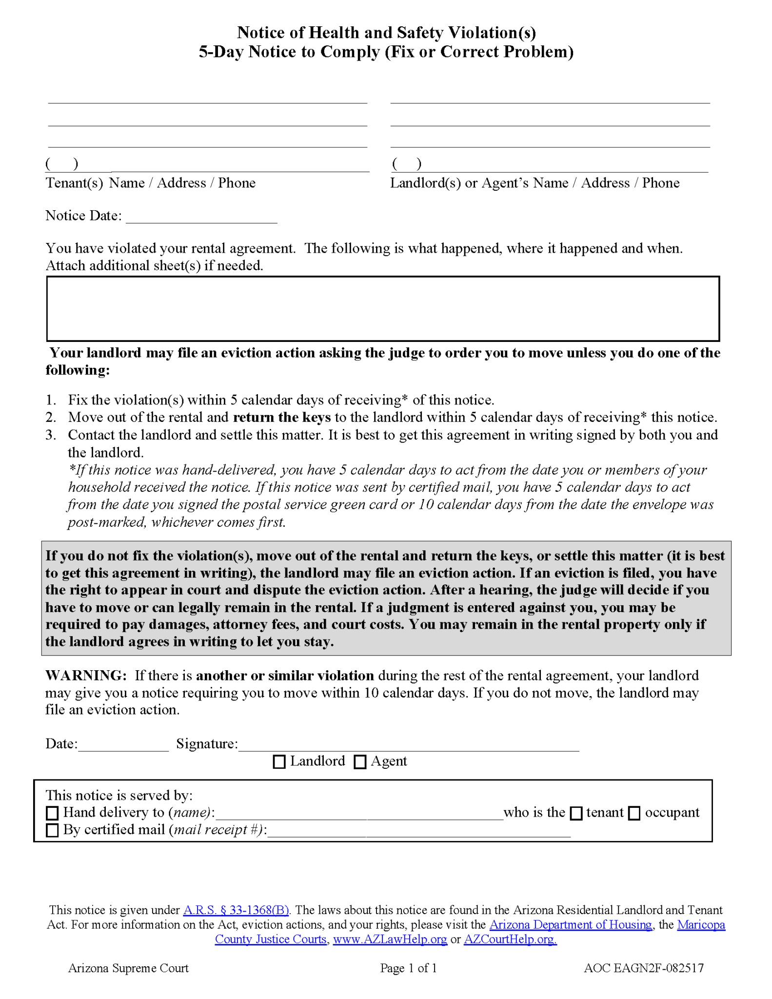 Free Arizona 10-Day Notice to Quit | Health and Safety Violation | PDF
