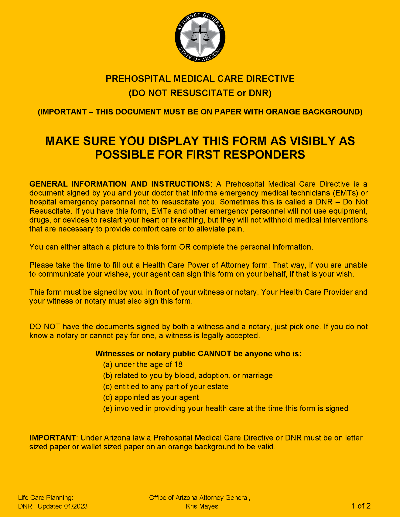 Free Arizona Do Not Resuscitate (DNR) Form | PDF
