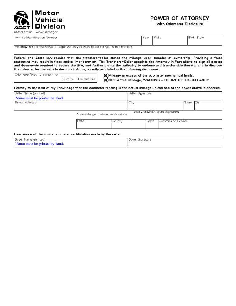 Free Arizona Motor Vehicle Power of Attorney (Form 48-1001) | PDF