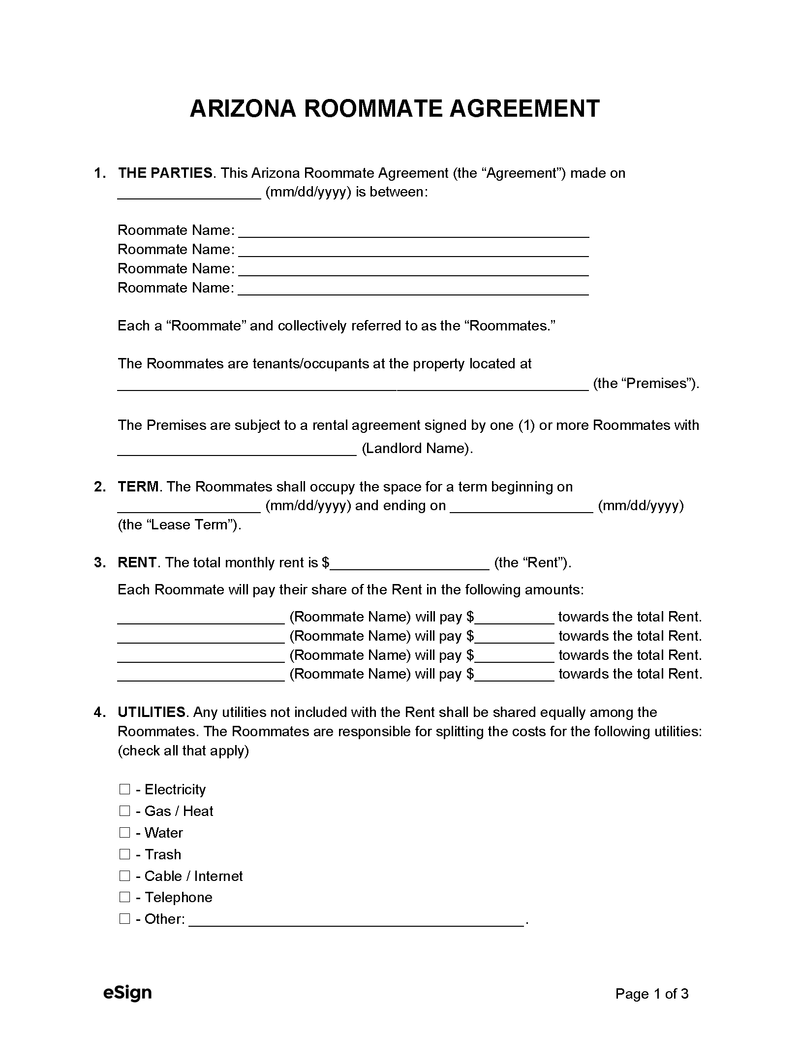 Free Arizona Roommate Agreement Template PDF Word