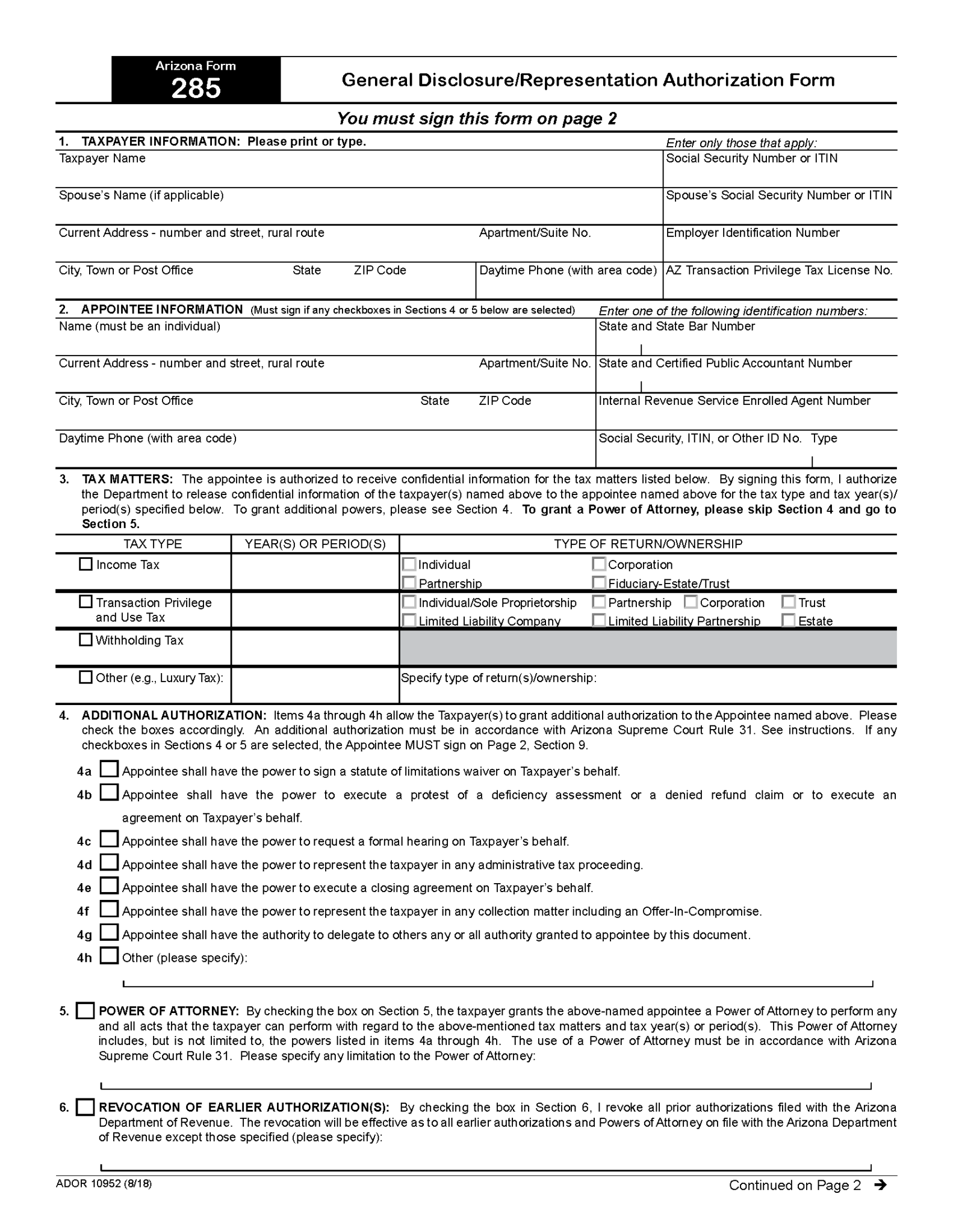 Free Arizona Tax Power of Attorney (Form 285) | PDF
