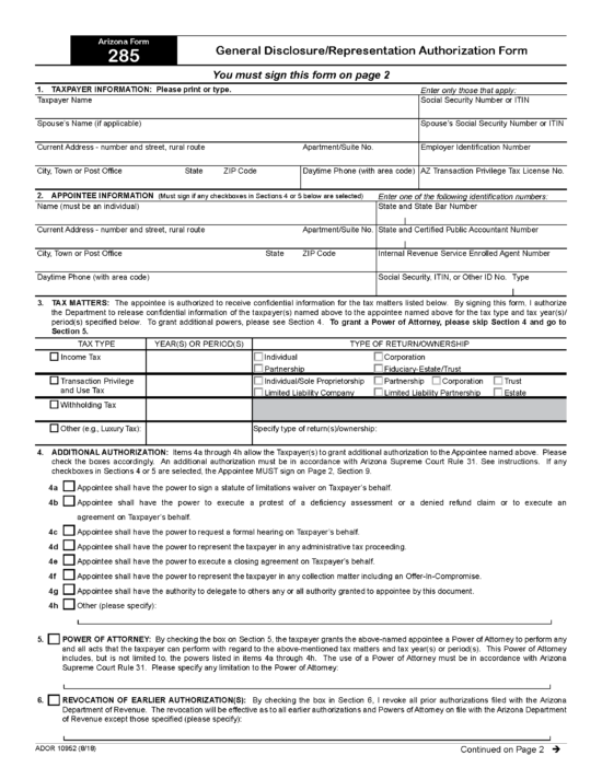 Free Arizona Tax Power of Attorney (Form 285) | PDF