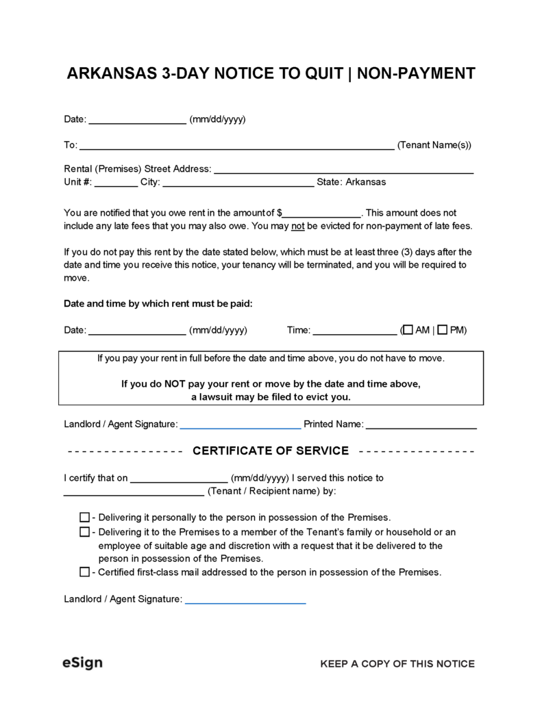 Free Arkansas 3 Day Notice To Quit Non Payment PDF Word