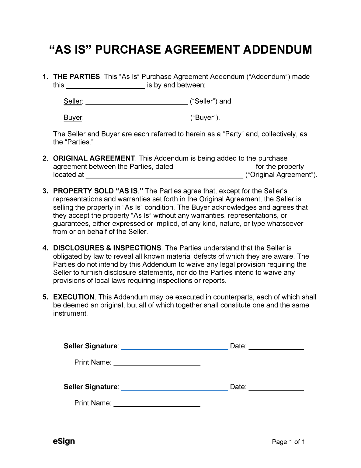 Free "As Is" Purchase Agreement Addendum | PDF | Word