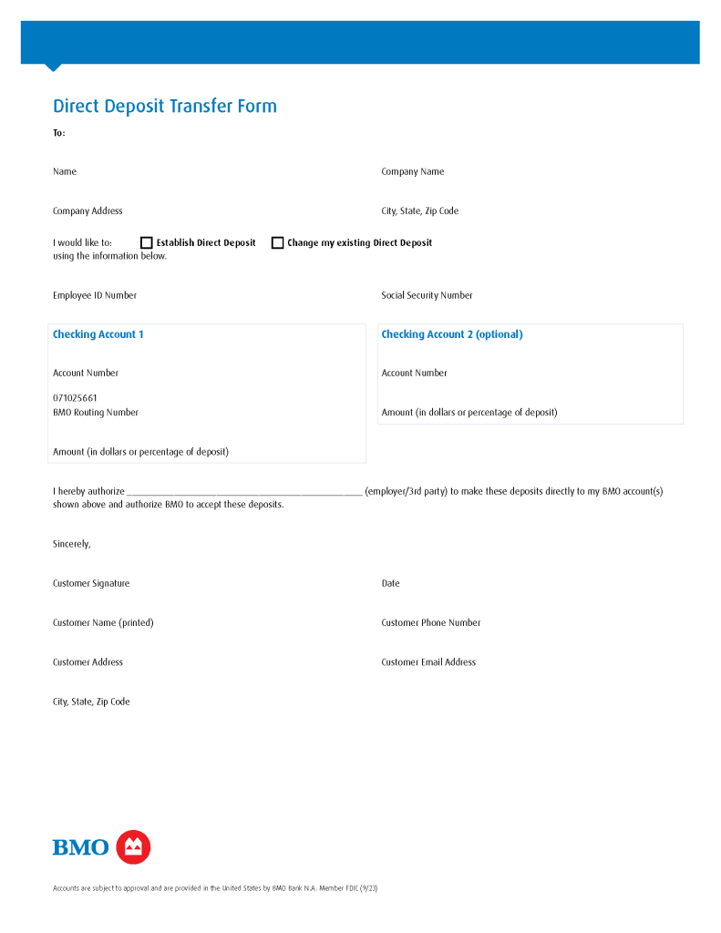 Free BMO (Bank of Montreal) Direct Deposit Form | PDF