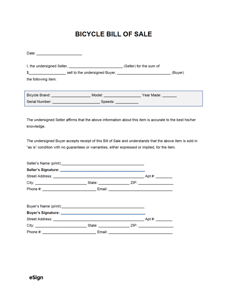 Free Bicycle / Bike Bill of Sale Form | PDF | Word