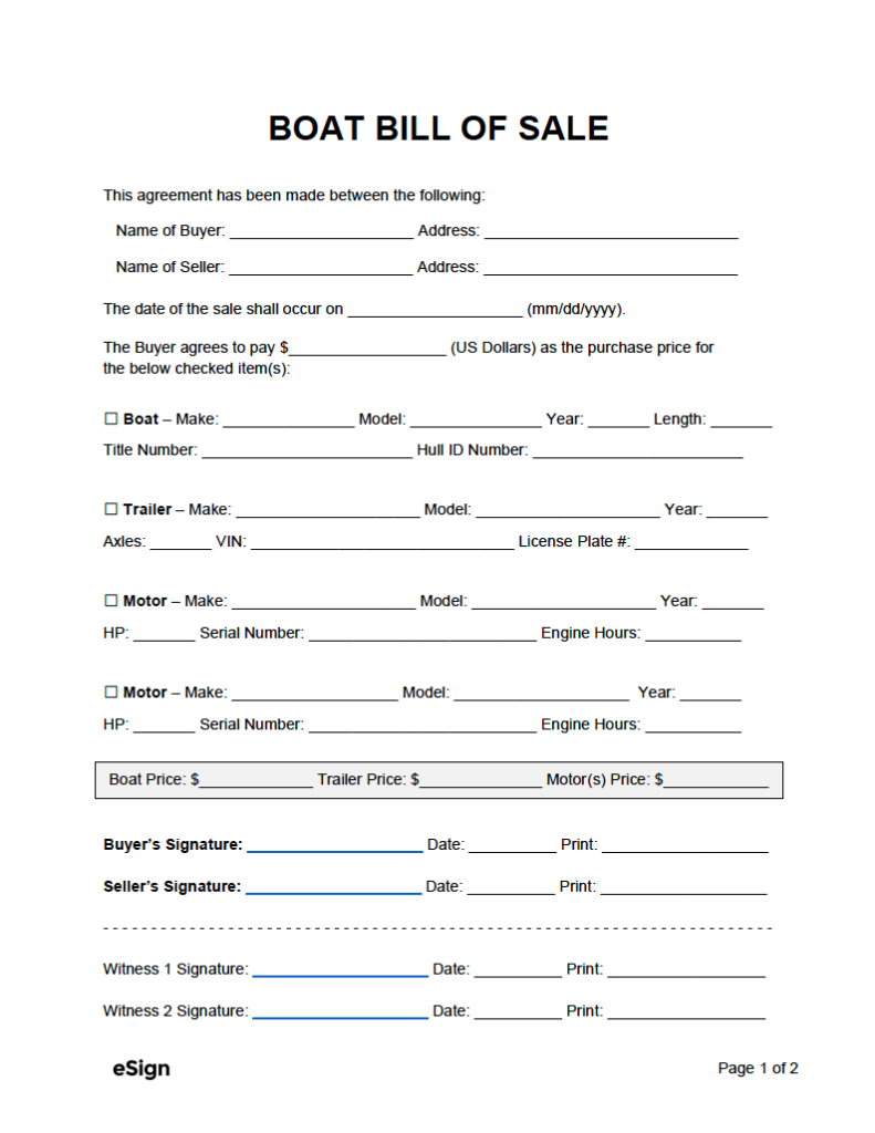 Printable Bill Of Sale For Boat And Trailer