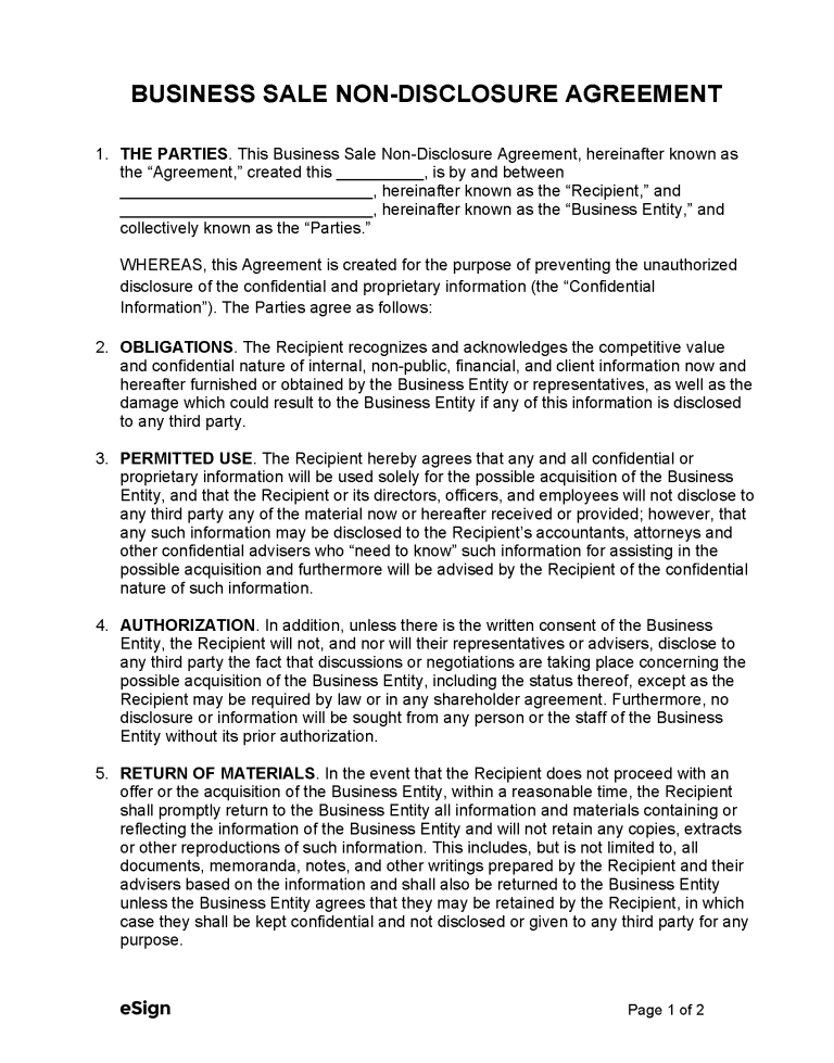 Free Business Sale Non-Disclosure Agreement (NDA) | PDF | Word