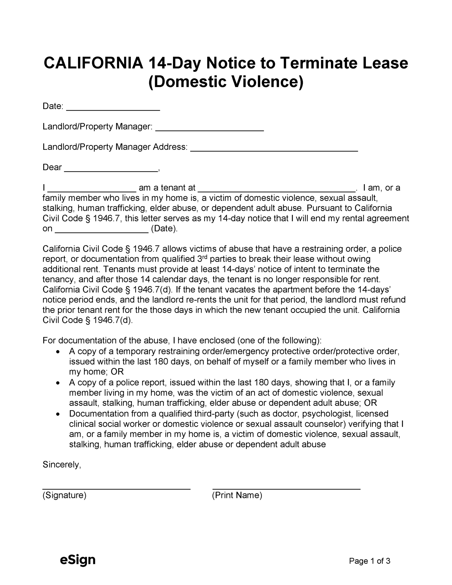 Free California 14-Day Notice to Terminate | Domestic Violence | PDF