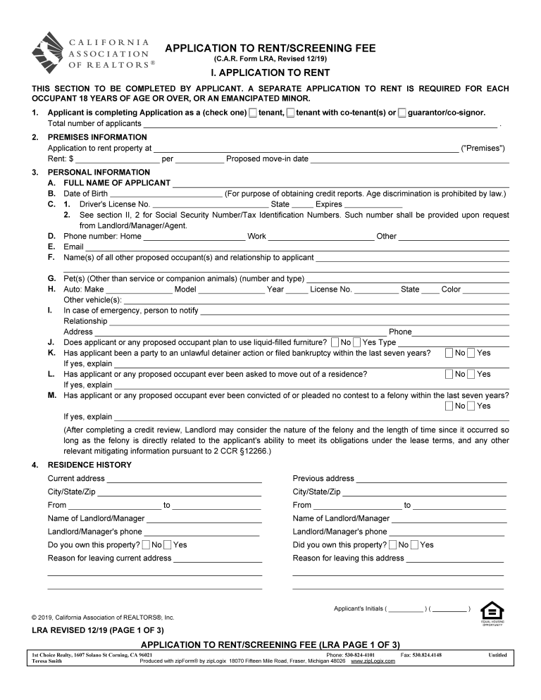 Free California Rental Application Form | PDF | Word