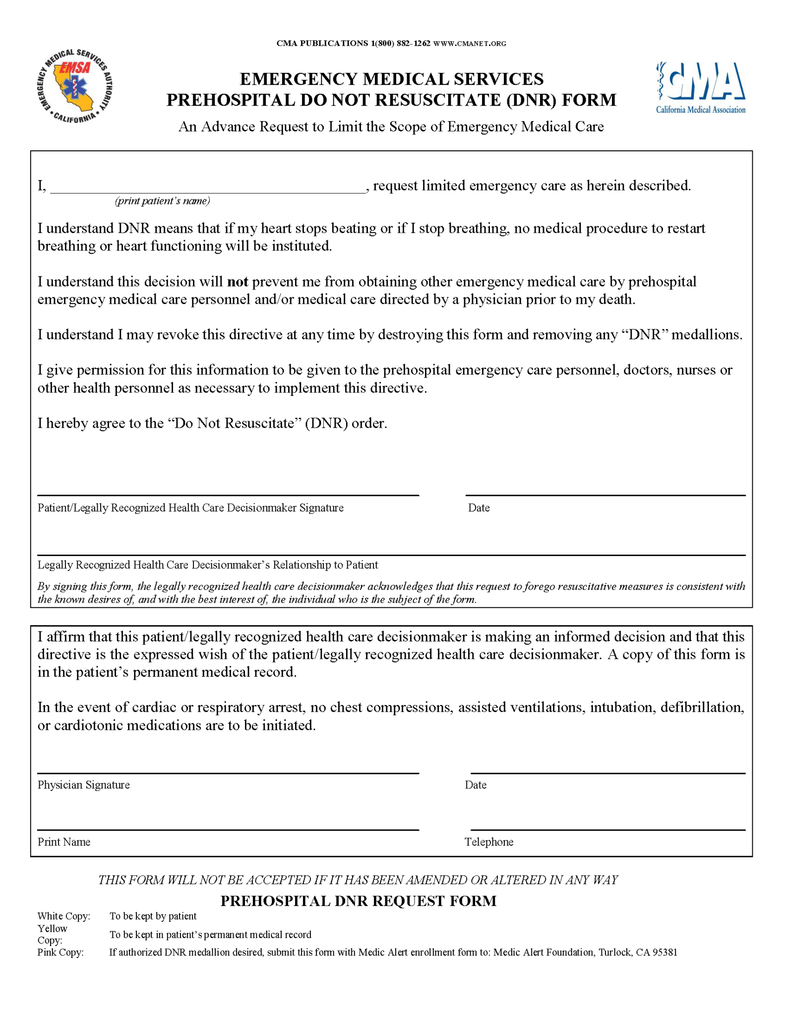 Free California Do Not Resuscitate (DNR) Form | PDF
