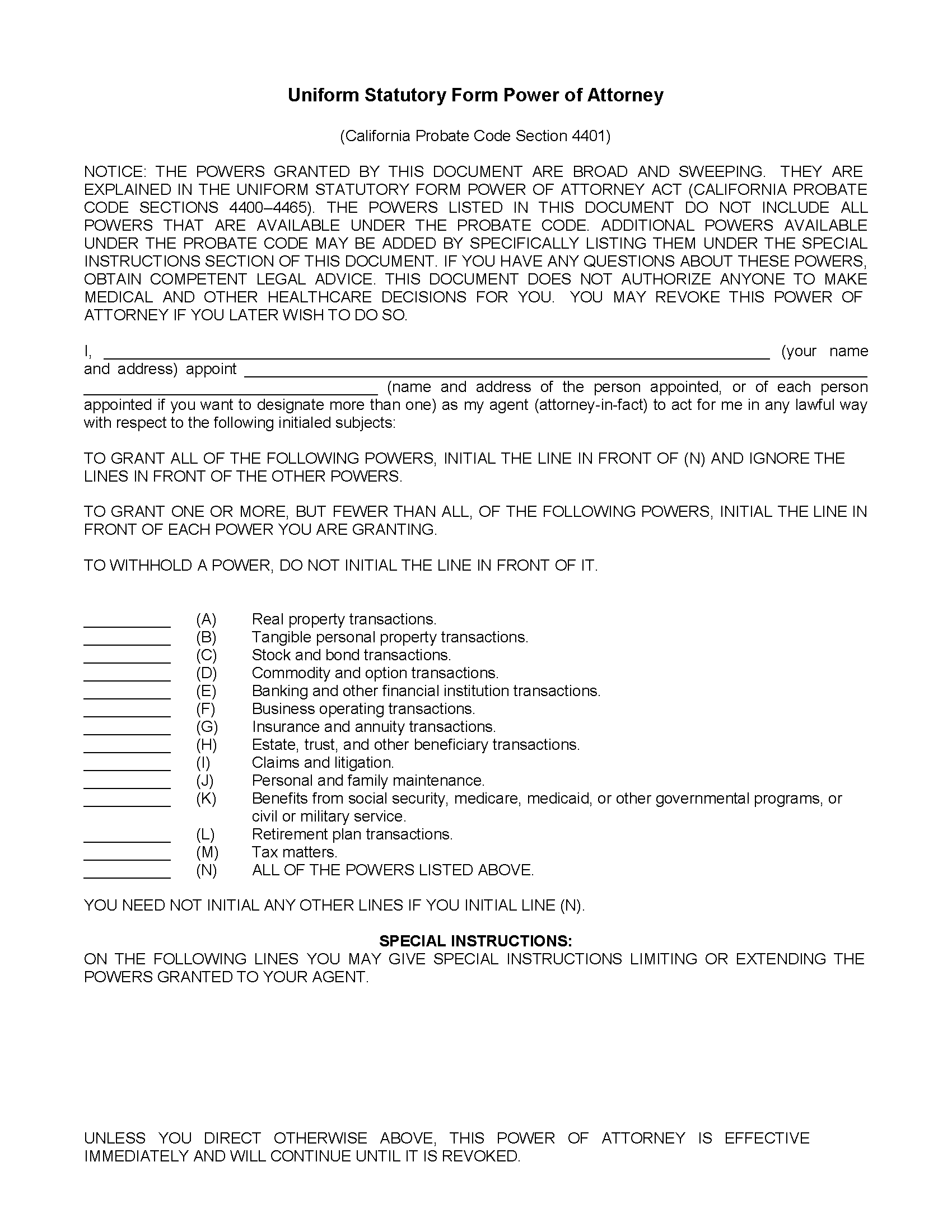 Free California General Power Of Attorney Form PDF
