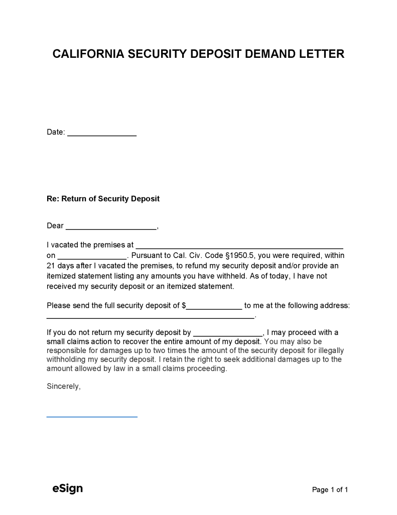 Free California Security Deposit Demand Letter Template | PDF | Word