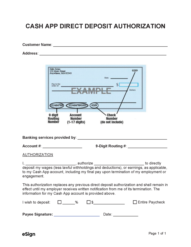 Free Cash App Direct Deposit Authorization Form | PDF | Word