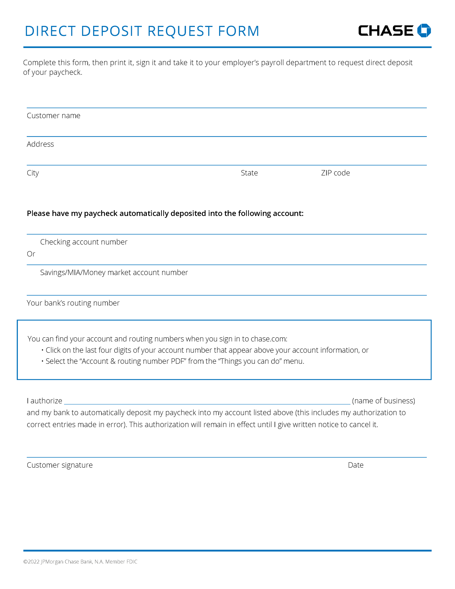 Free Chase Bank Direct Deposit Authorization Form | PDF