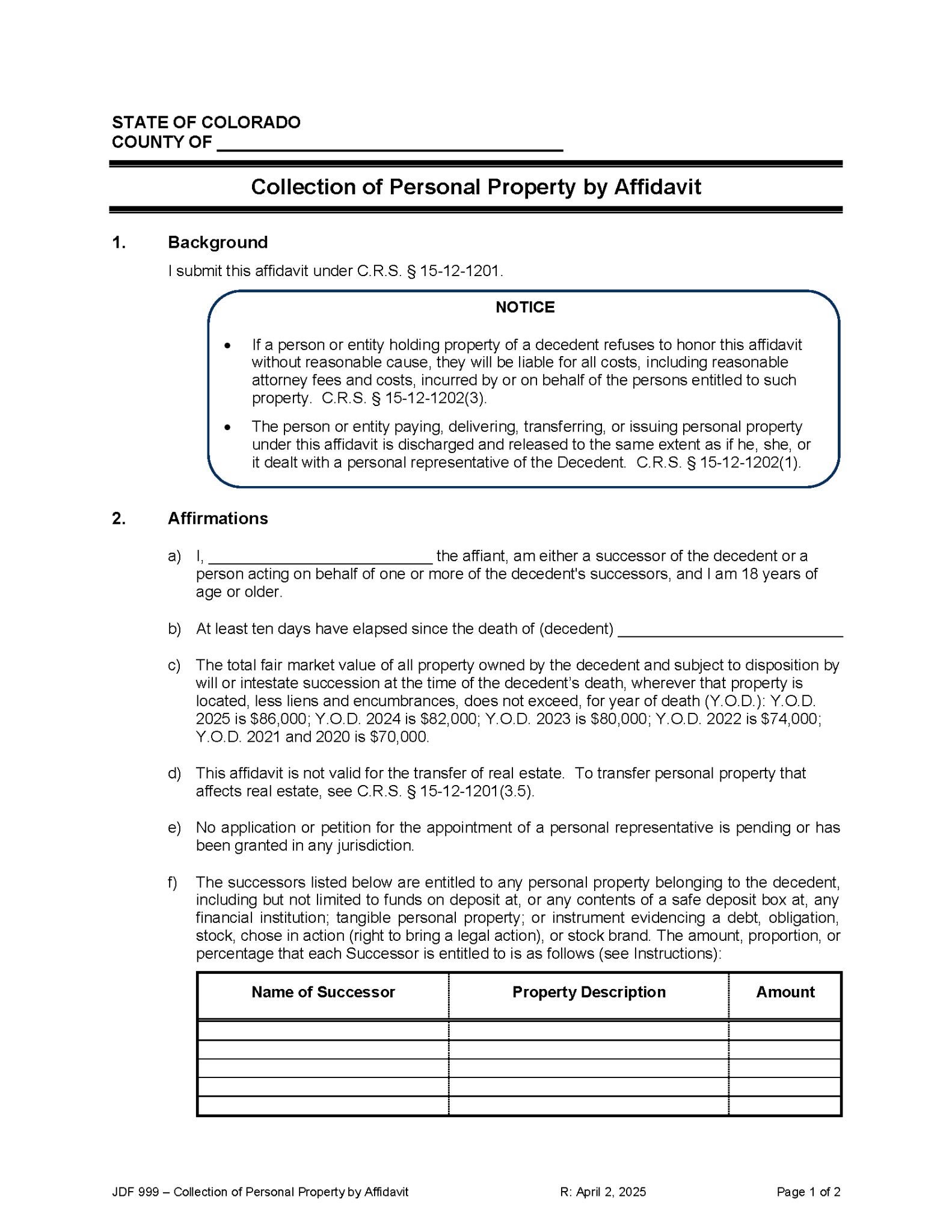 Free Colorado Small Estate Affidavit Form | PDF | Word