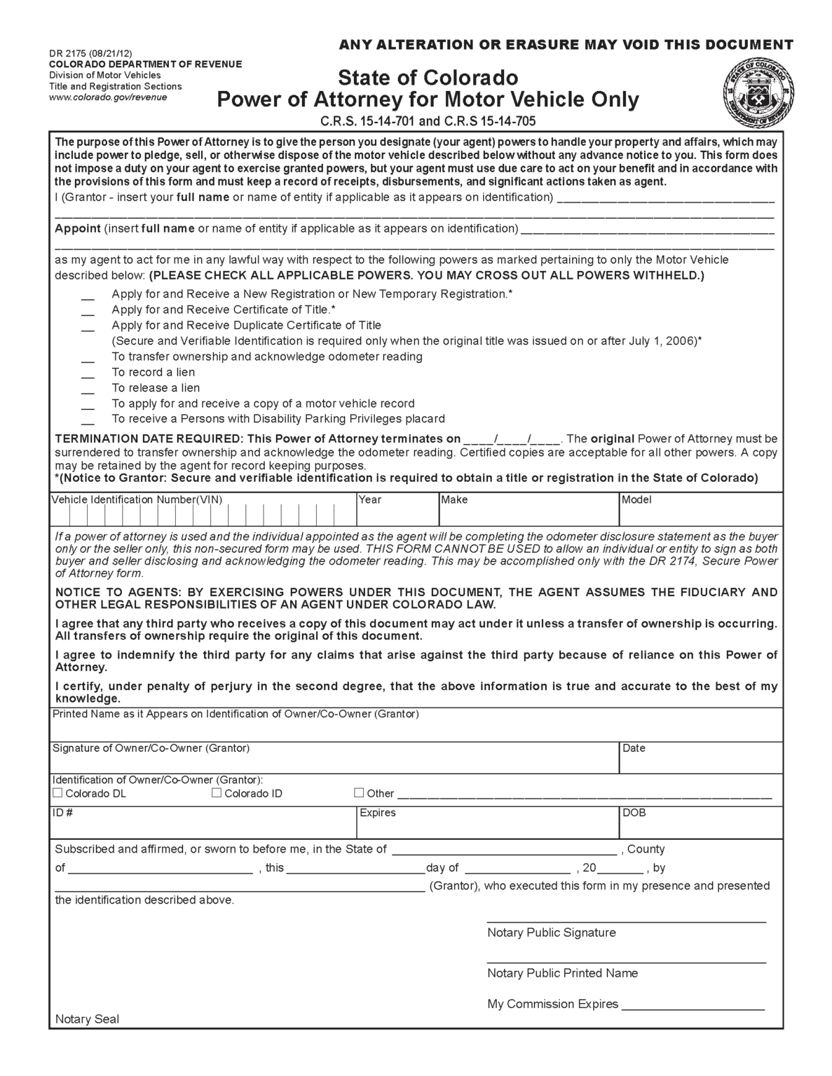 Free Colorado Motor Vehicle Power of Attorney (Form DR-2175) | PDF