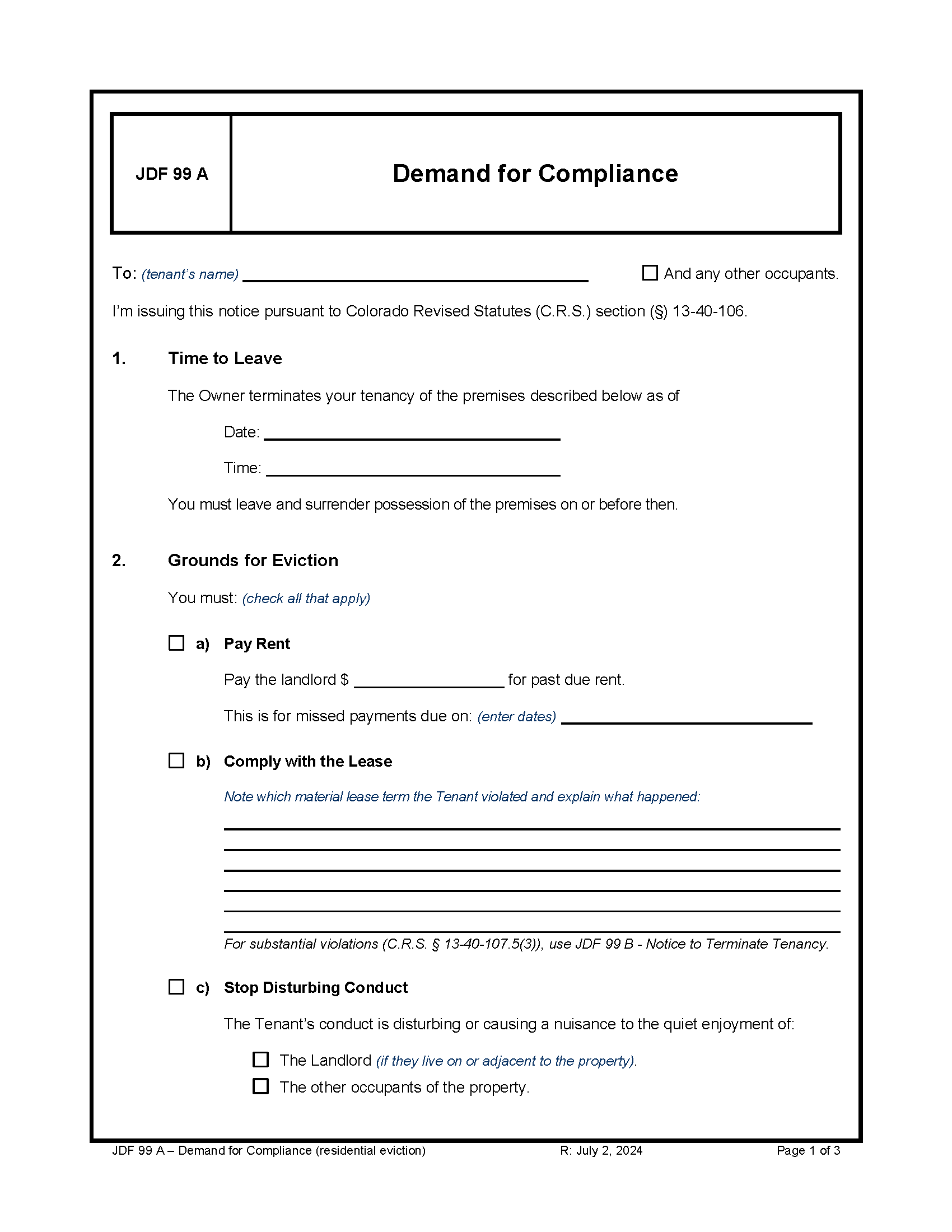 Free Colorado Notice To Quit Non Compliance Non Payment Form JDF 101 