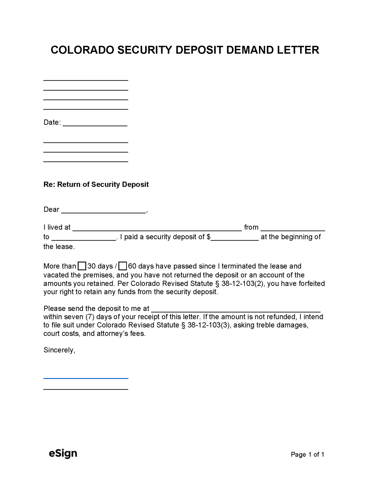 Free Colorado Security Deposit Demand Letter Template | PDF | Word