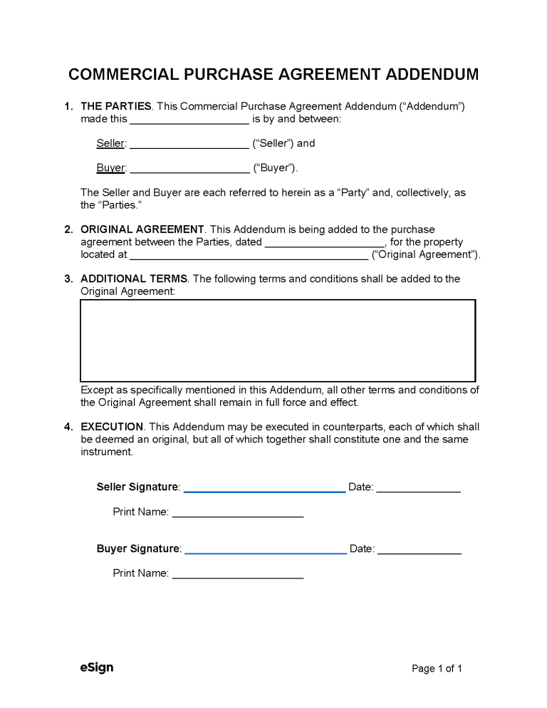Free Commercial Purchase Agreement Addendum | PDF | Word