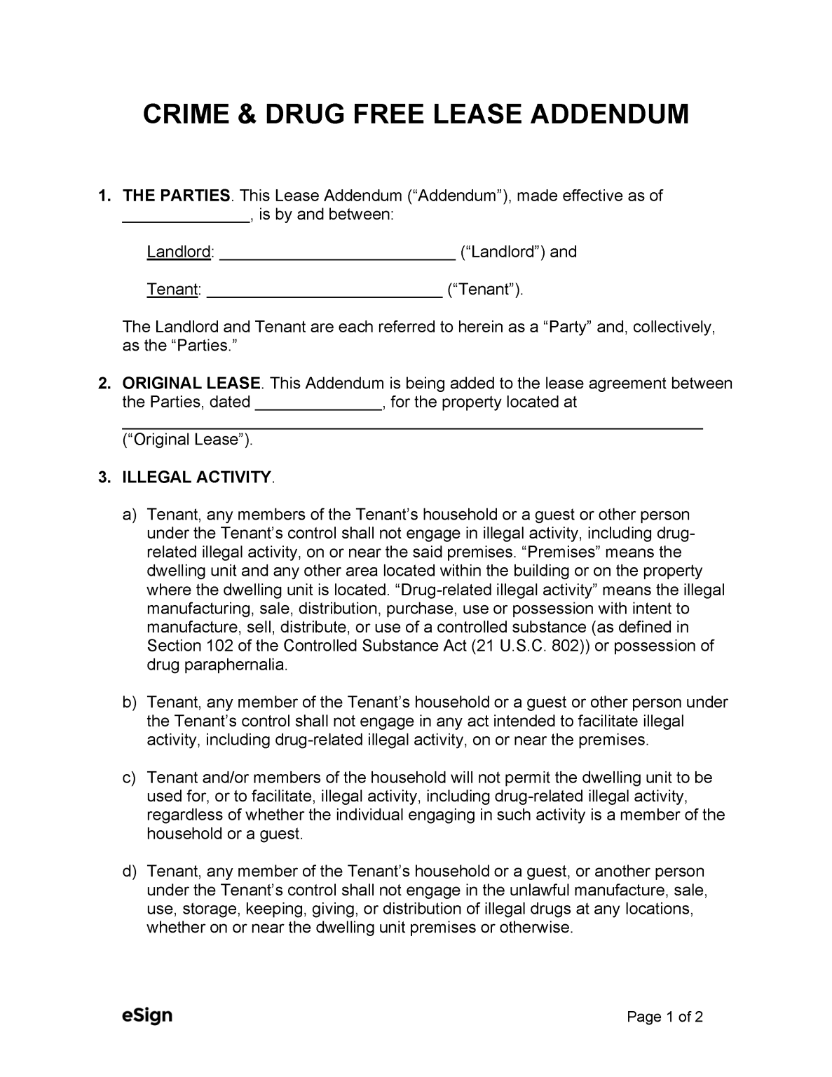 Free Crime and Drug Free Lease Addendum Form | PDF | Word